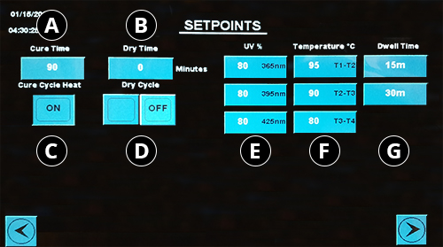 Cure 400 Setpoints Screen