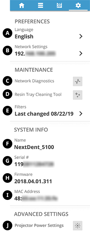 NextDent 5100 Settings Tab