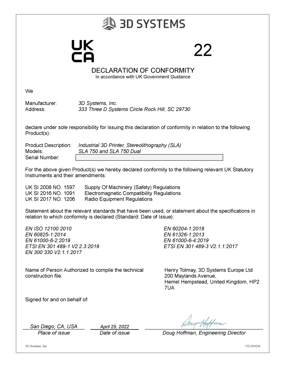 SLA 750 Series EC Declaration of Conformity