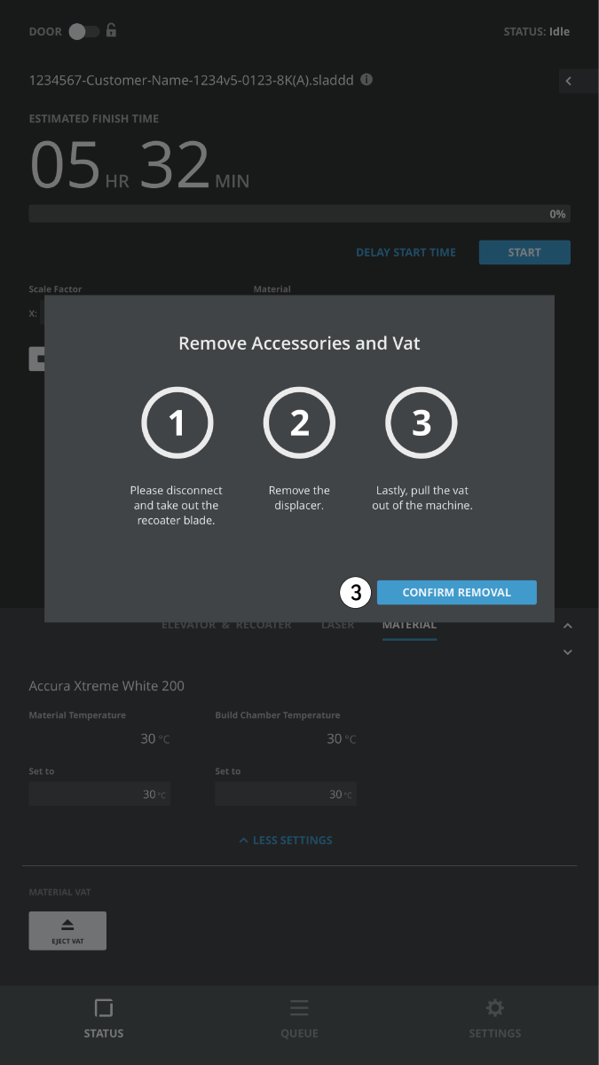 SLA 825 Dual/SLA 750 Series User Guide - Material Vat Removal