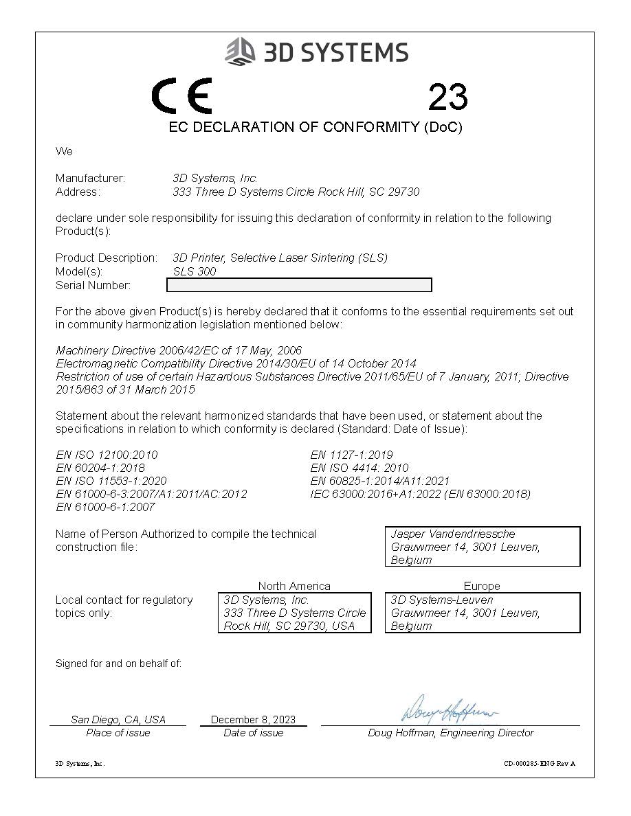 SLS 300 EC Declaration of Conformity