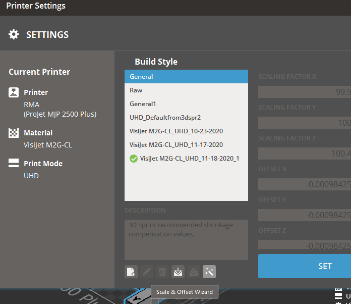 ProJet MJP 2500 Scale and Offset Wizard