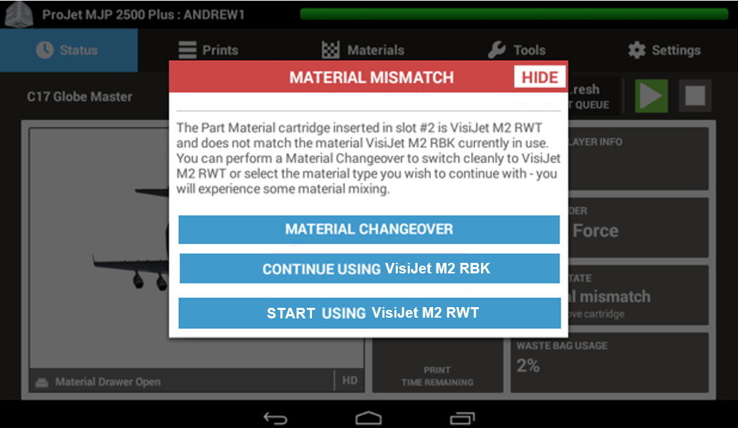 ProJet MJP 2500 Pass Through Material Changeover (MCO)