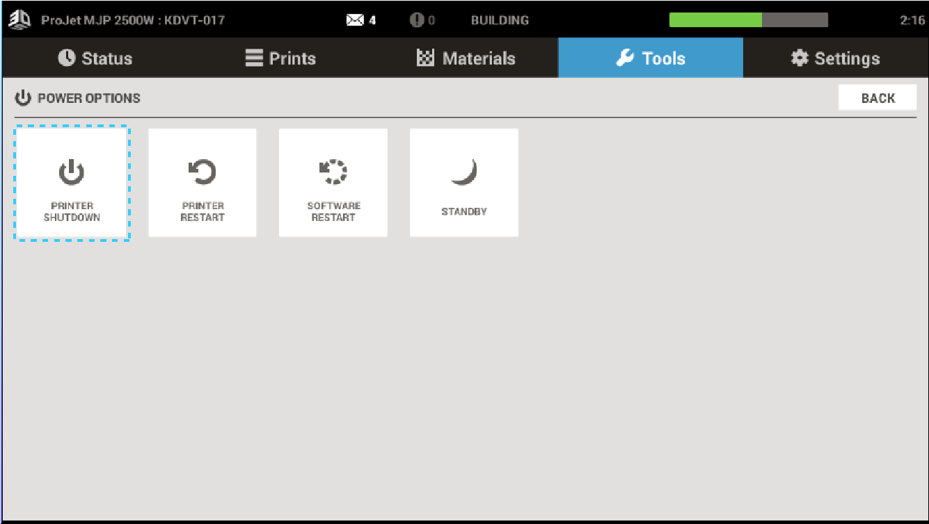 ProJet MJP 2500 Printer Power Options