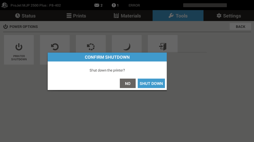 ProJet MJP 2500 Printer Power Options