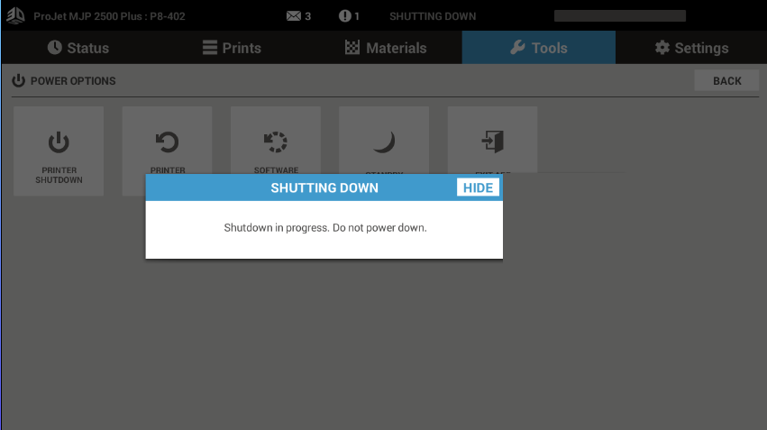 ProJet MJP 2500 Printer Power Options